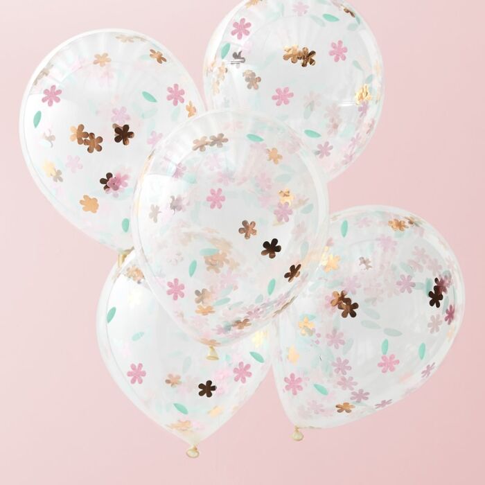 Rose Gold Floral Confetti Balloons - 5 Pack